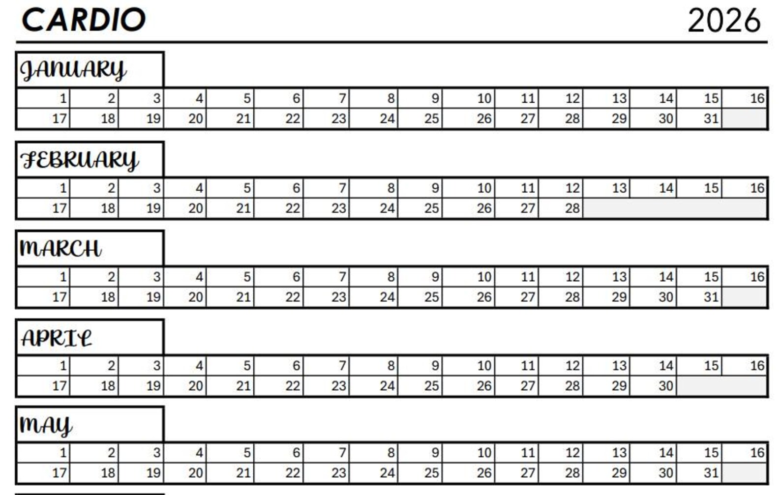 2026 Daily Cardio Tracker (printable PDF) - Etsy