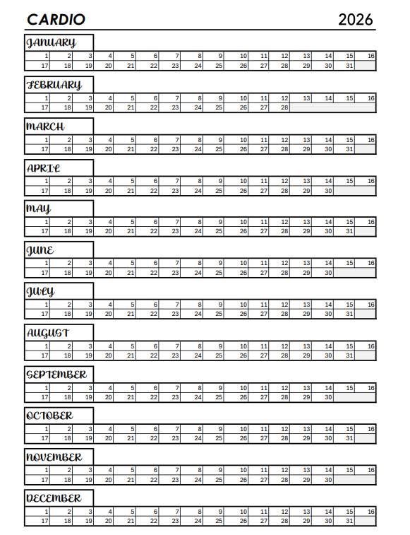 2026 Daily Cardio Tracker (printable PDF) - Etsy
