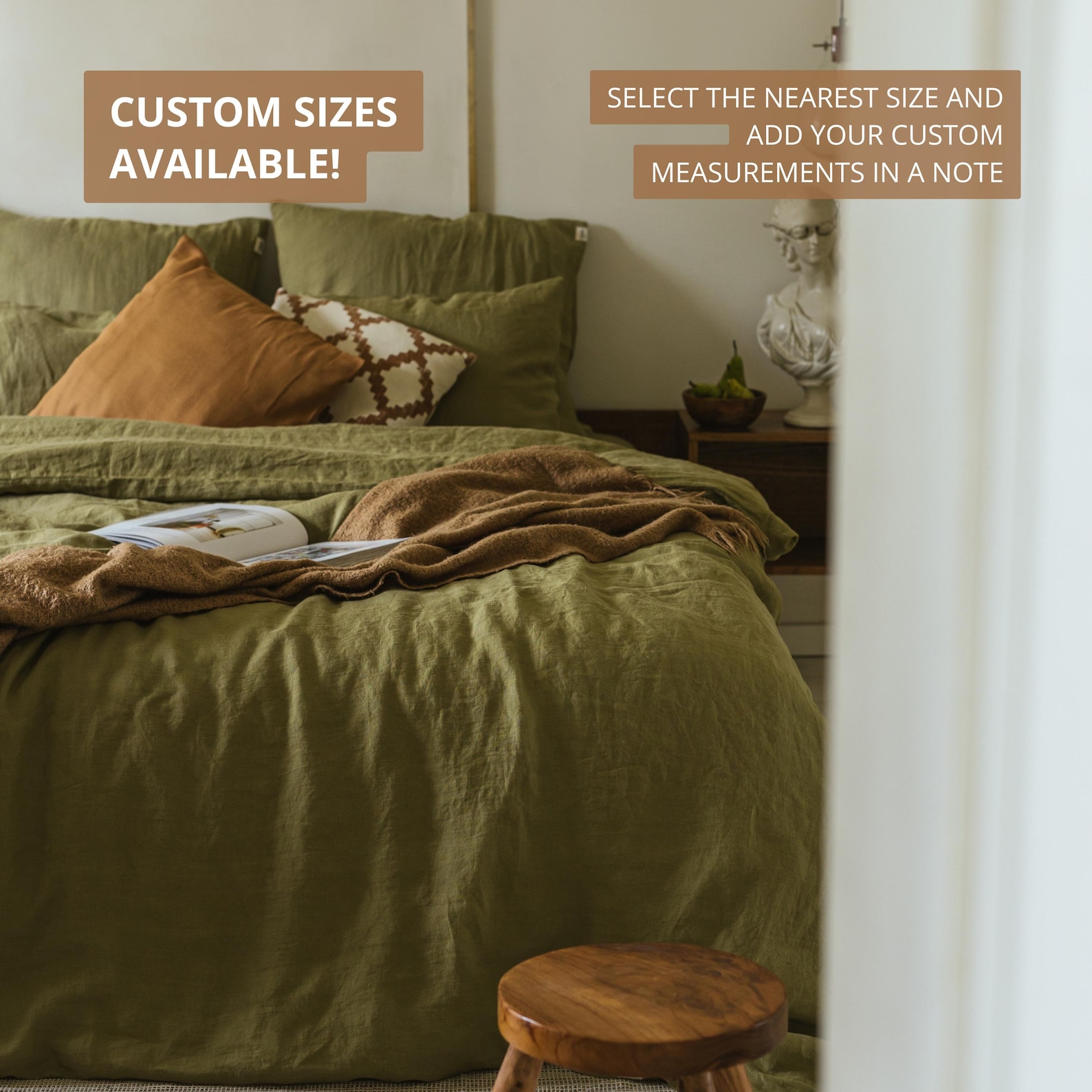 Olive Green Linen Bedding Set: Duvet Cover and 2 Pillowcases, Natural ...