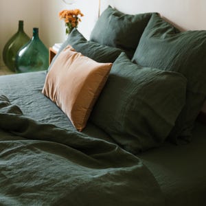 Forest Green Linen Bed Set: 1 Duvet Cover and 2 Pillowcases, Natural ...