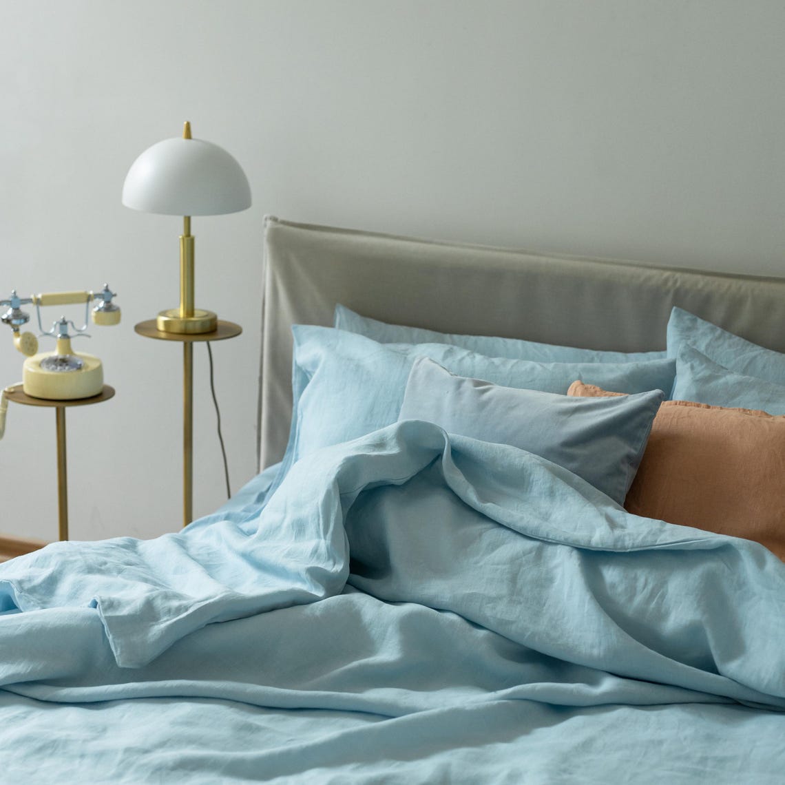 Sky Blue Fitted Linen Bed Sheet in King, Queen, Single, Twin and Other ...