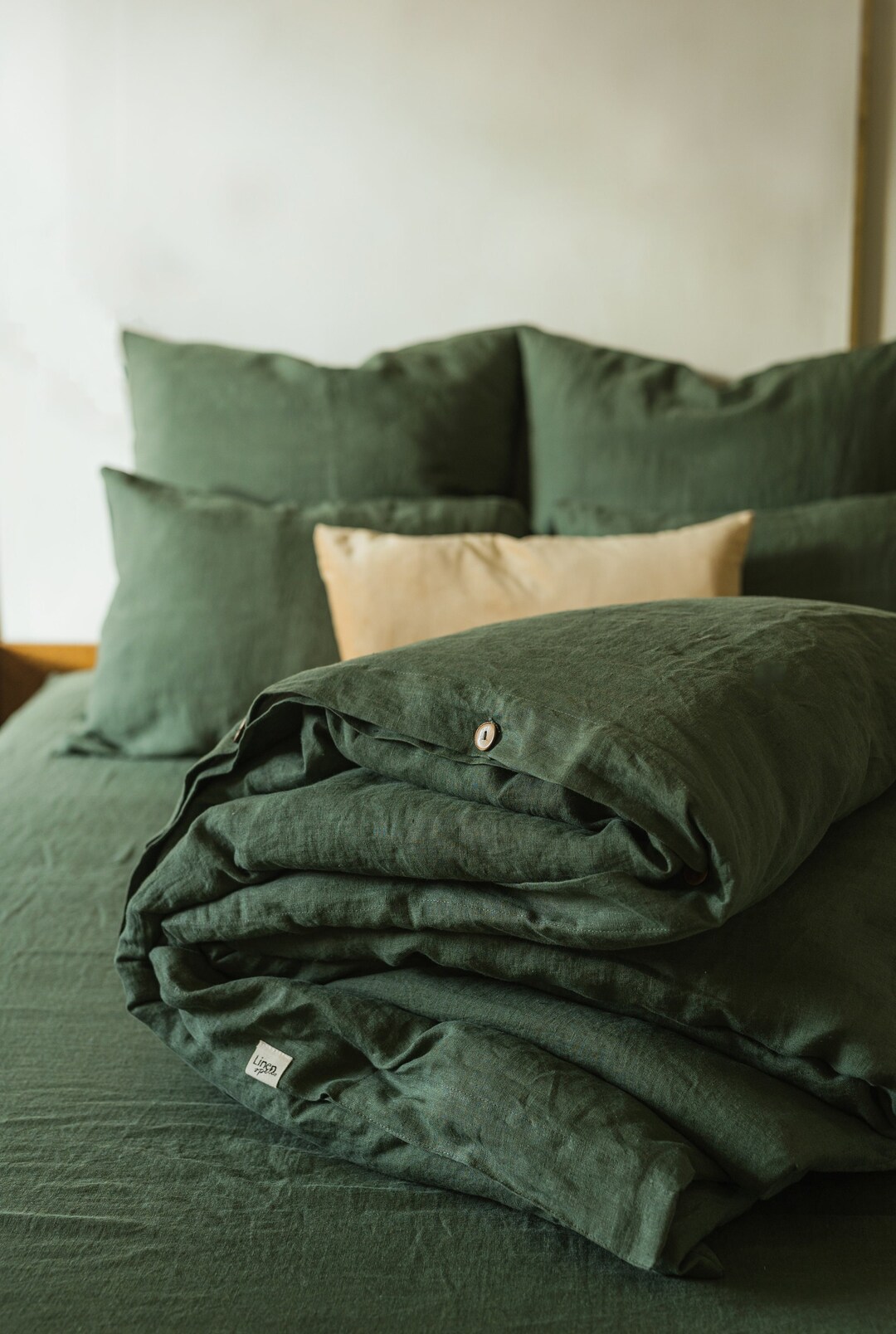 Forest Green Linen Comforter Cover With Buttons in King, Queen and ...
