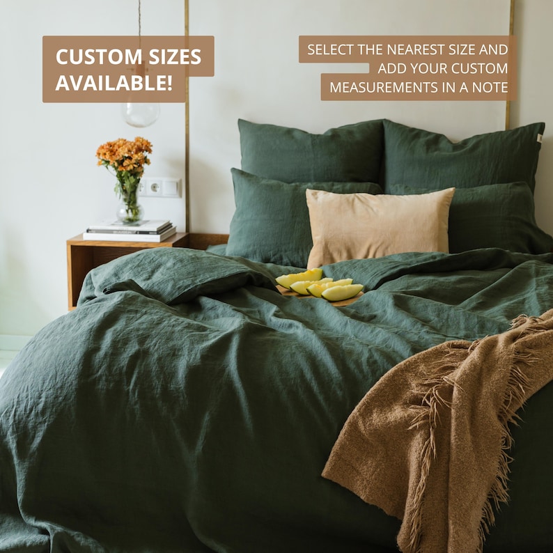Forest Green Linen Comforter Cover With Buttons in King, Queen and ...