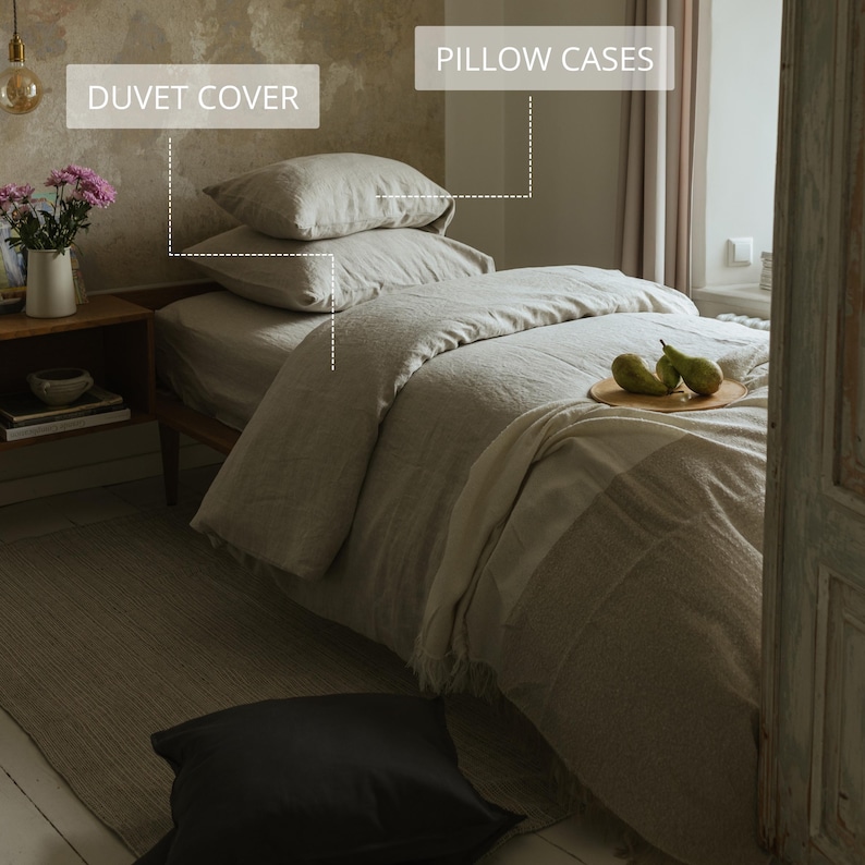 Natural Melange Linen Bed Set: Comforter Cover and 2 Pillowcases ...