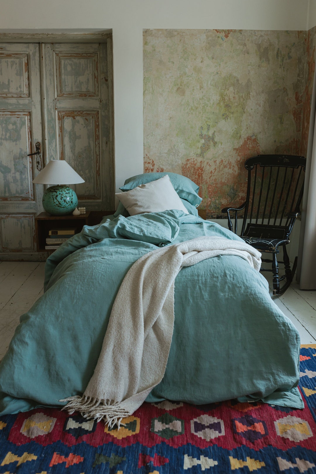 Ocean Mint Linen Bedding Set: 1 Duvet Cover and 2 Pillowcases, Handmade ...