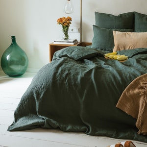 Forest Green Linen Comforter Cover With Buttons in King, Queen and ...
