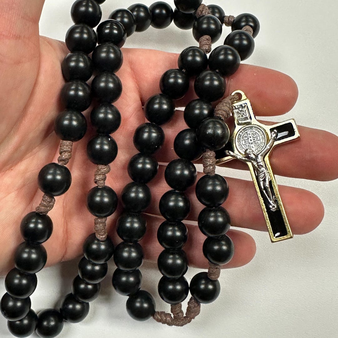 Benedictine Crucifix on Large Wooden Bead Rosary and Leather Cord - Etsy