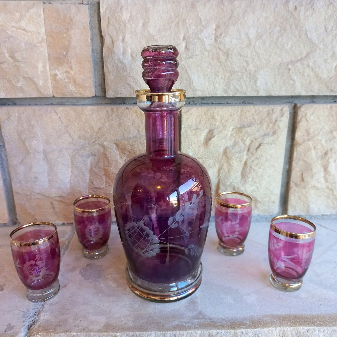 1960s Amethyst Color Liqueur Set, Glass Purple Decanter Set, Vintage ...
