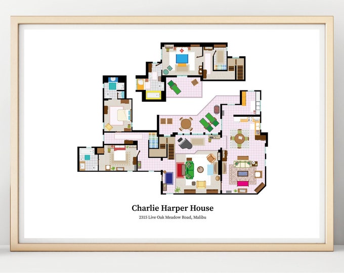 Floorplan of Charlie Harper's Malibu House From T&AHM - Etsy