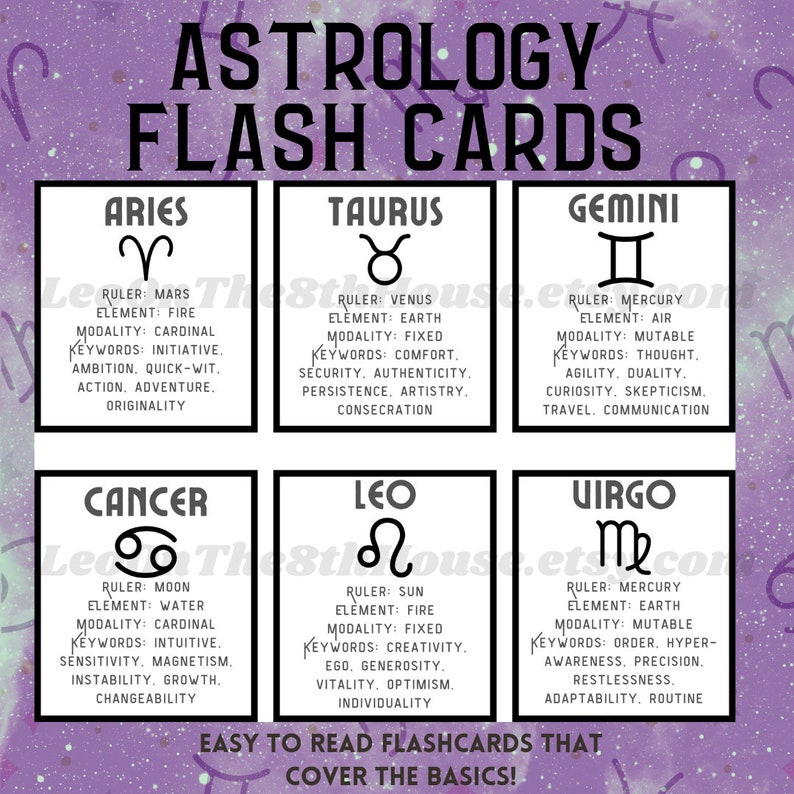 ASTROLOGY PRINTABLE Flash Cards | INSTANT Download | Zodiac Sign Study ...