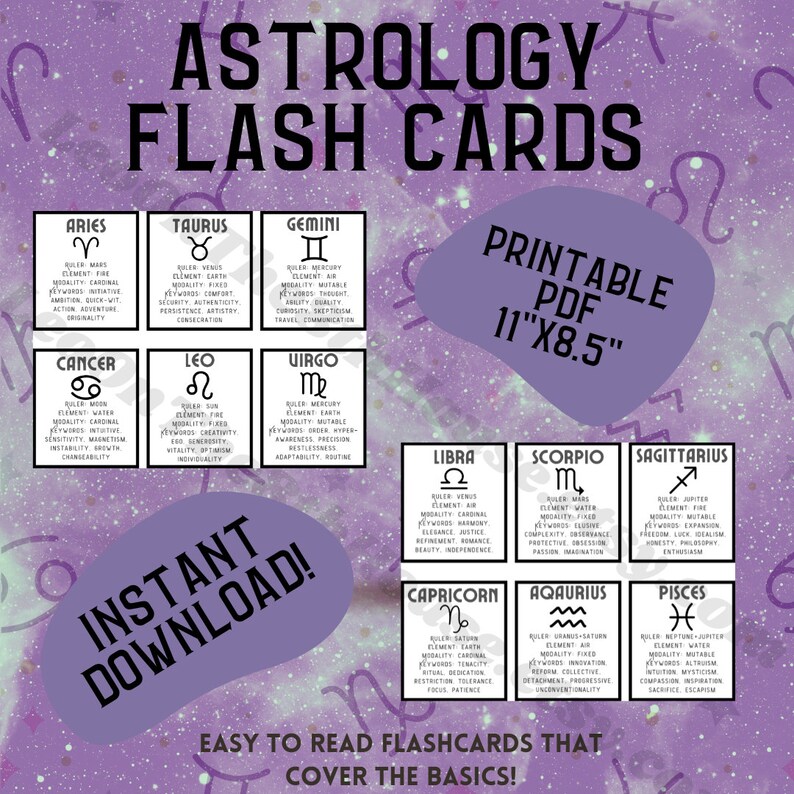 ASTROLOGY PRINTABLE Flash Cards | INSTANT Download | Zodiac Sign Study ...