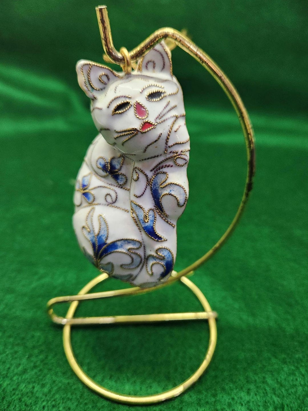 Vintage Cloisonne Cat Ornament Collectable - Blue and White Floral - Etsy