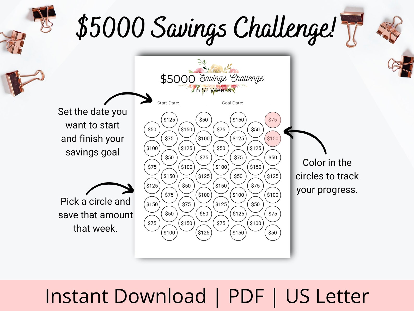 Save 5000 in a Year - 52 Week Savings Challenge - 5000 Savings ...