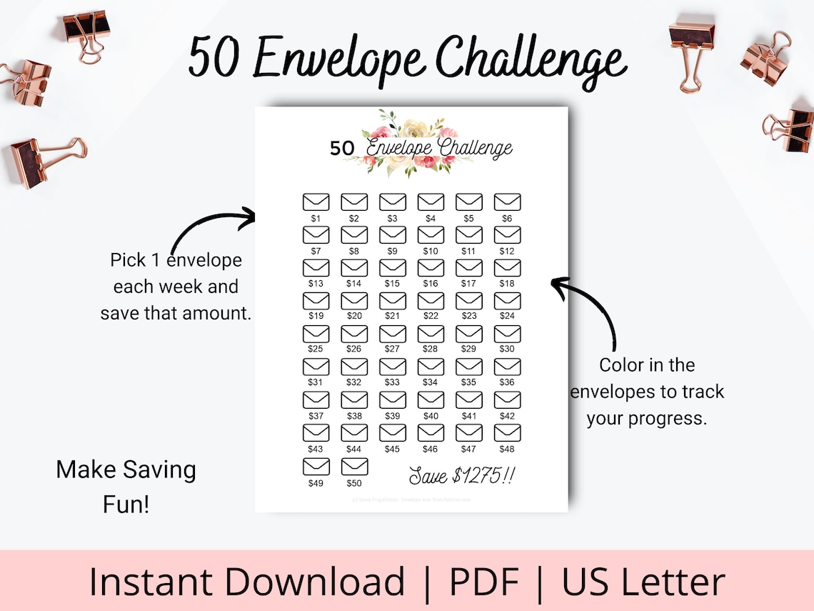 50 Envelope Challenge - Envelope Savings Tracker - 50 Envelope Savings ...