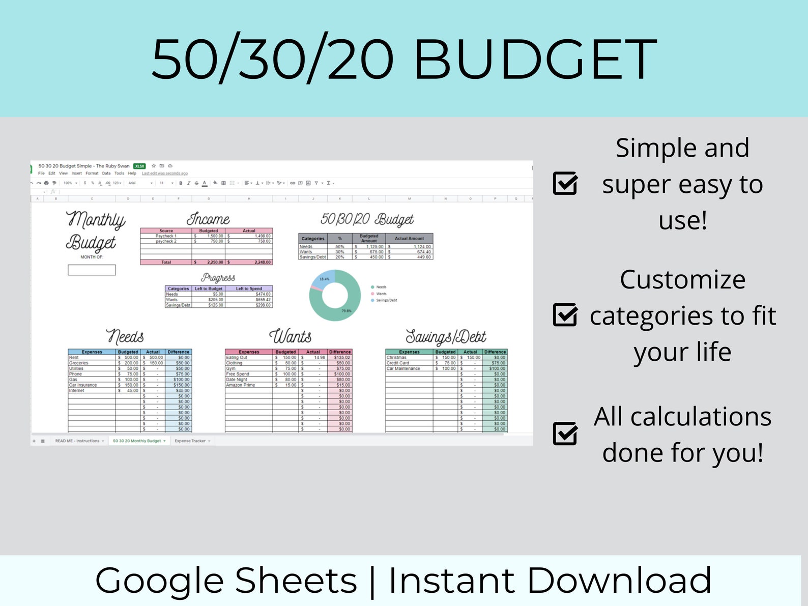50 30 20 Budget, Google Sheets Budget Template, Monthly Budget Google ...