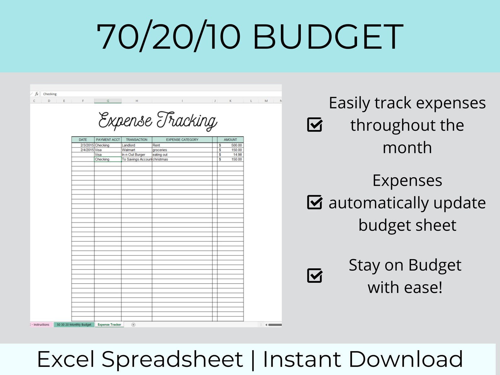70 20 10 Budget Tracker Excel Spreadsheet Monthly Budget Etsy