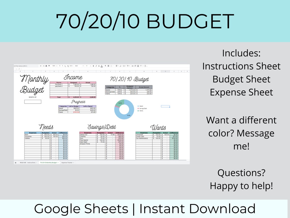 70 20 10 Budget Template - Monthly Budget Google Sheets - 70 20 10 ...