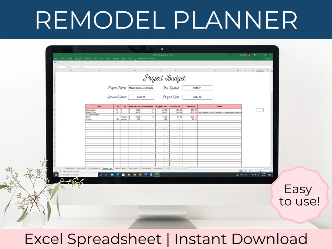 Home Remodel Planner - Renovation Budget Spreadsheet - Renovation ...
