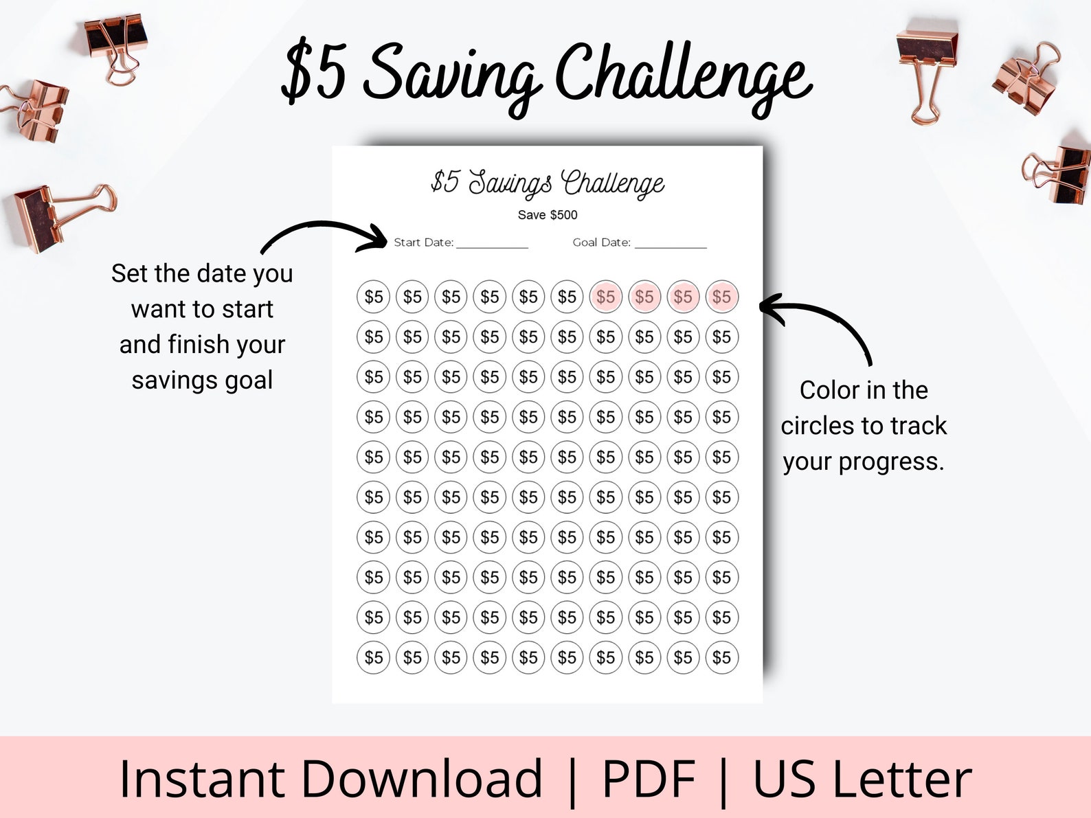 5 Dollar Savings Challenge - 5 Dollar Challenge - Cash Saving Challenge ...