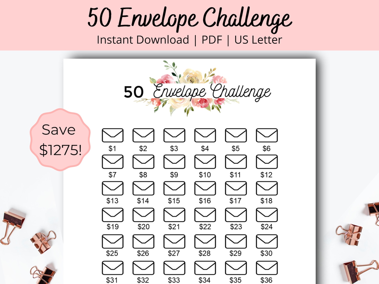 50 Envelope Challenge - Envelope Savings Tracker - 50 Envelope Savings ...