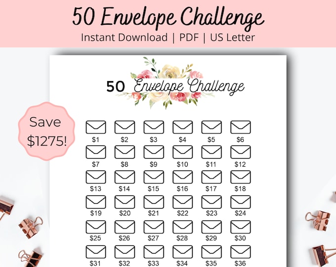 50 Envelope Challenge Envelope Savings Tracker 50 Envelope - Etsy