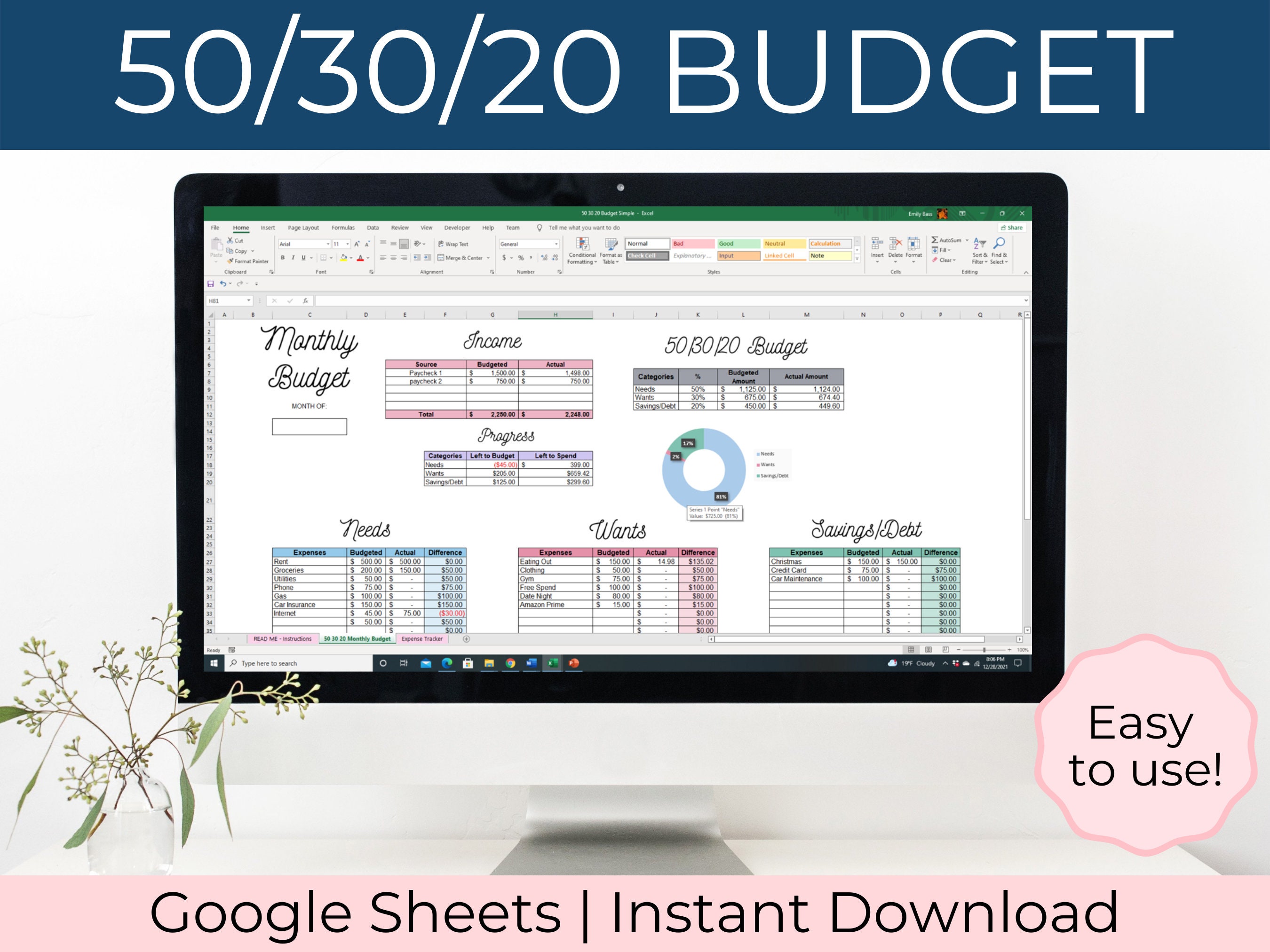 50 30 20 Budget, Google Sheets Budget Template, Monthly Budget Google ...