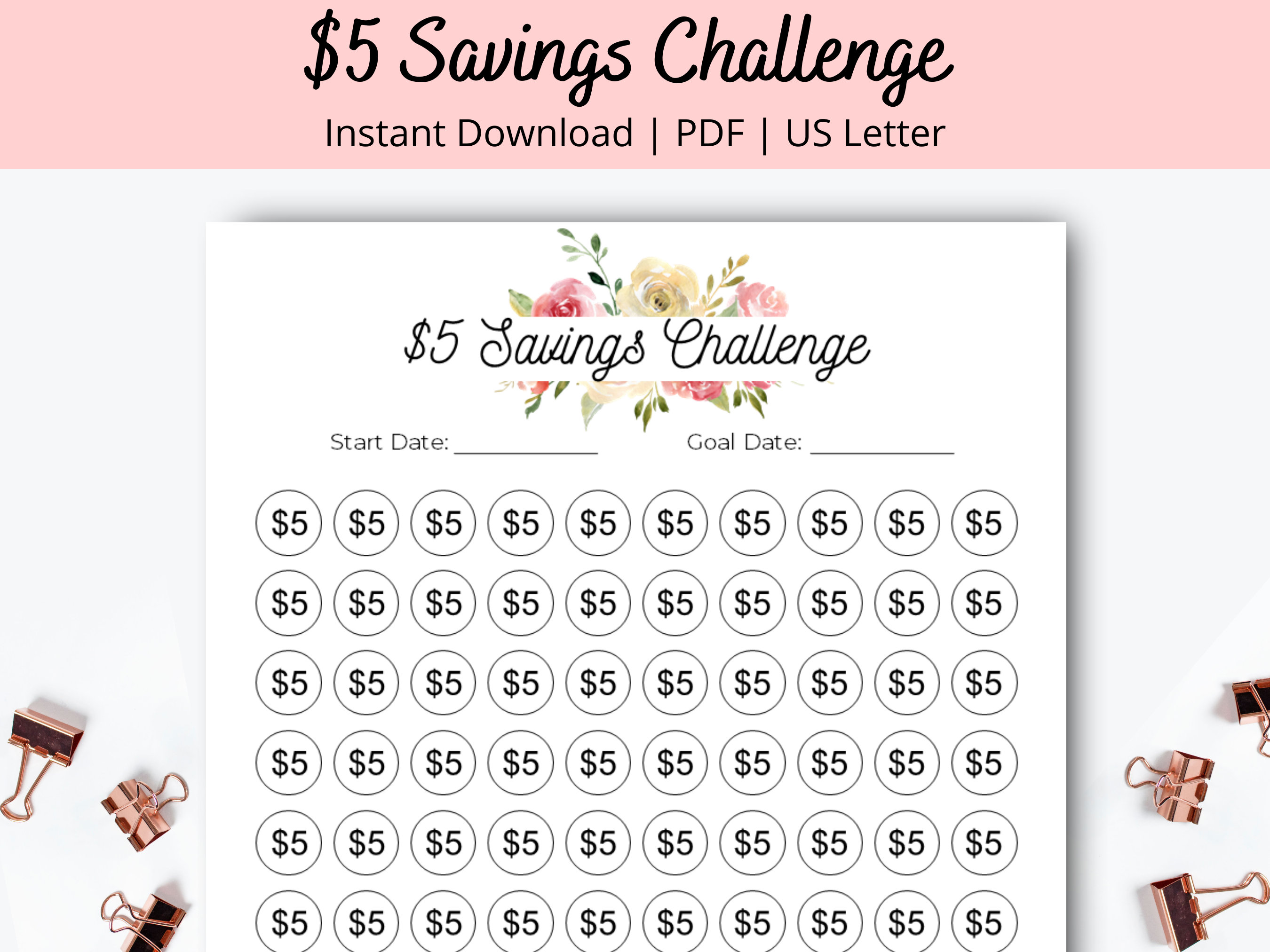 5 Dollar Savings Challenge - 5 Dollar Challenge - Cash Saving Challenge ...