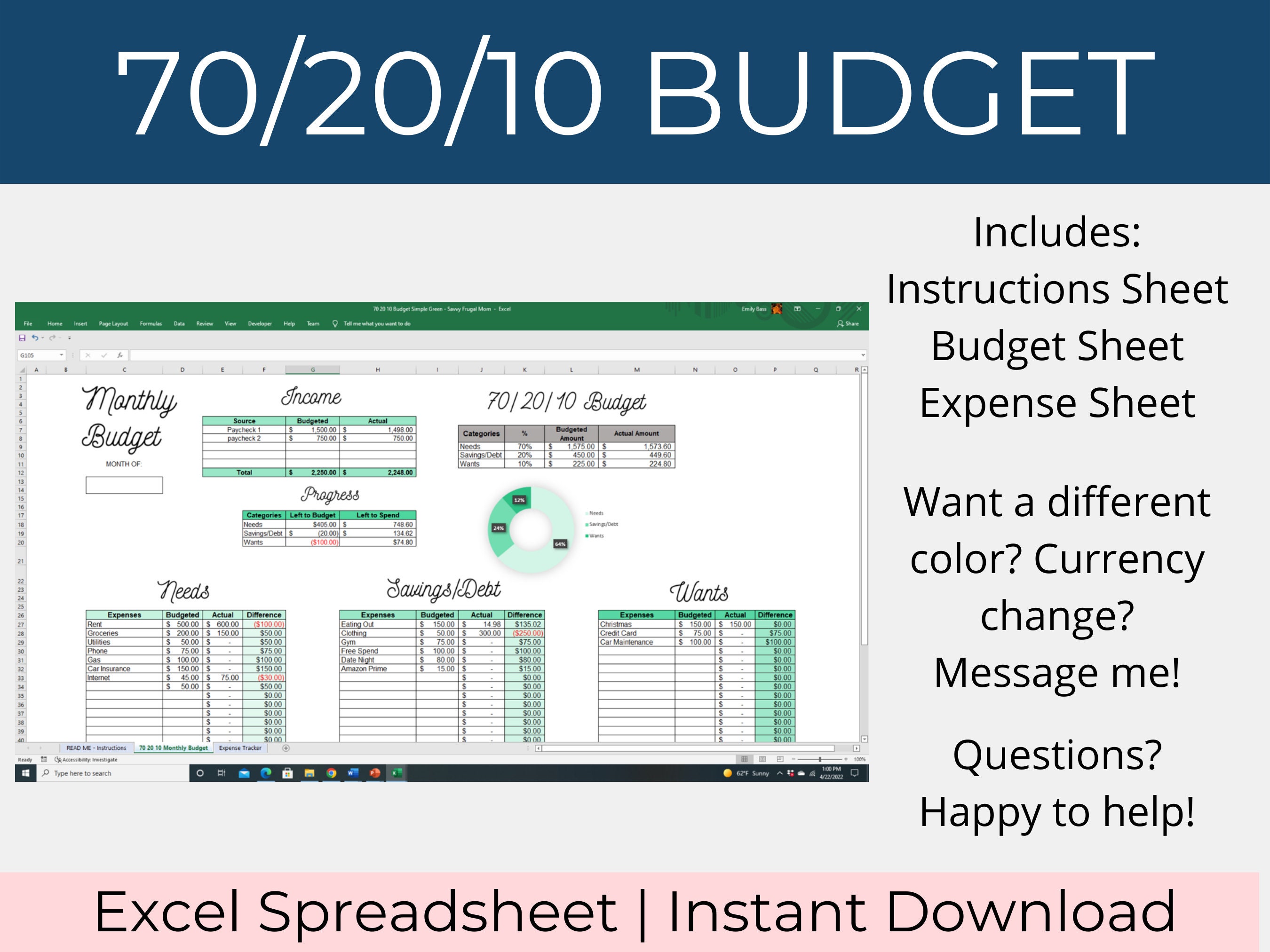 70 20 10 Budget Planner - 70 20 10 Excel Budget Template - 70 20 10 ...