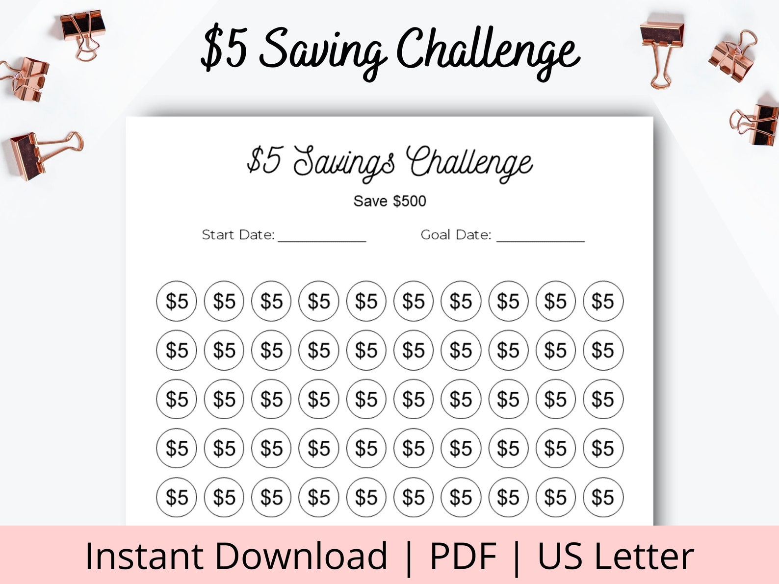 5 Dollar Savings Challenge - 5 Dollar Challenge - Cash Saving Challenge ...