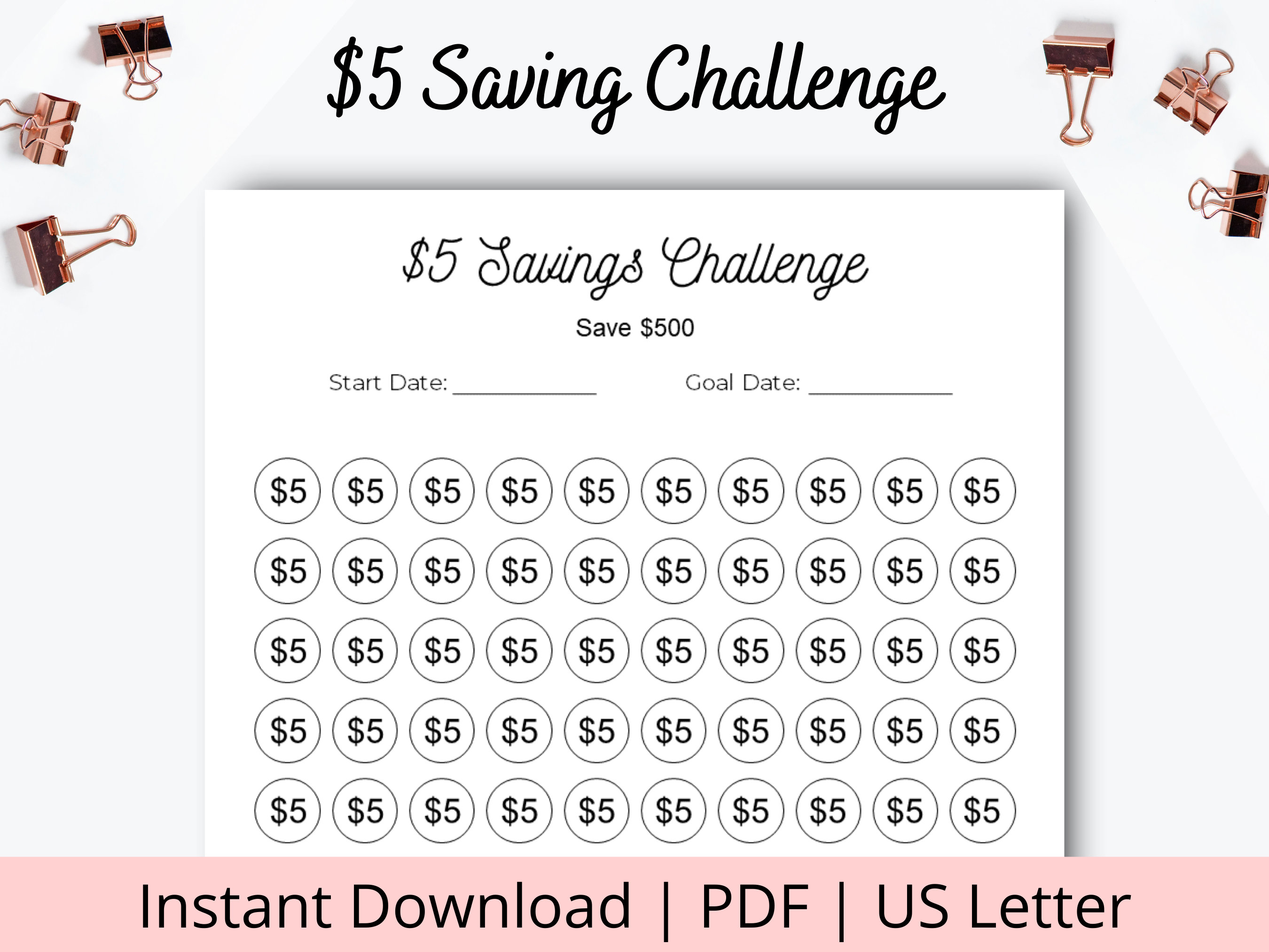 5 Dollar Savings Challenge - 5 Dollar Challenge - Cash Saving Challenge ...