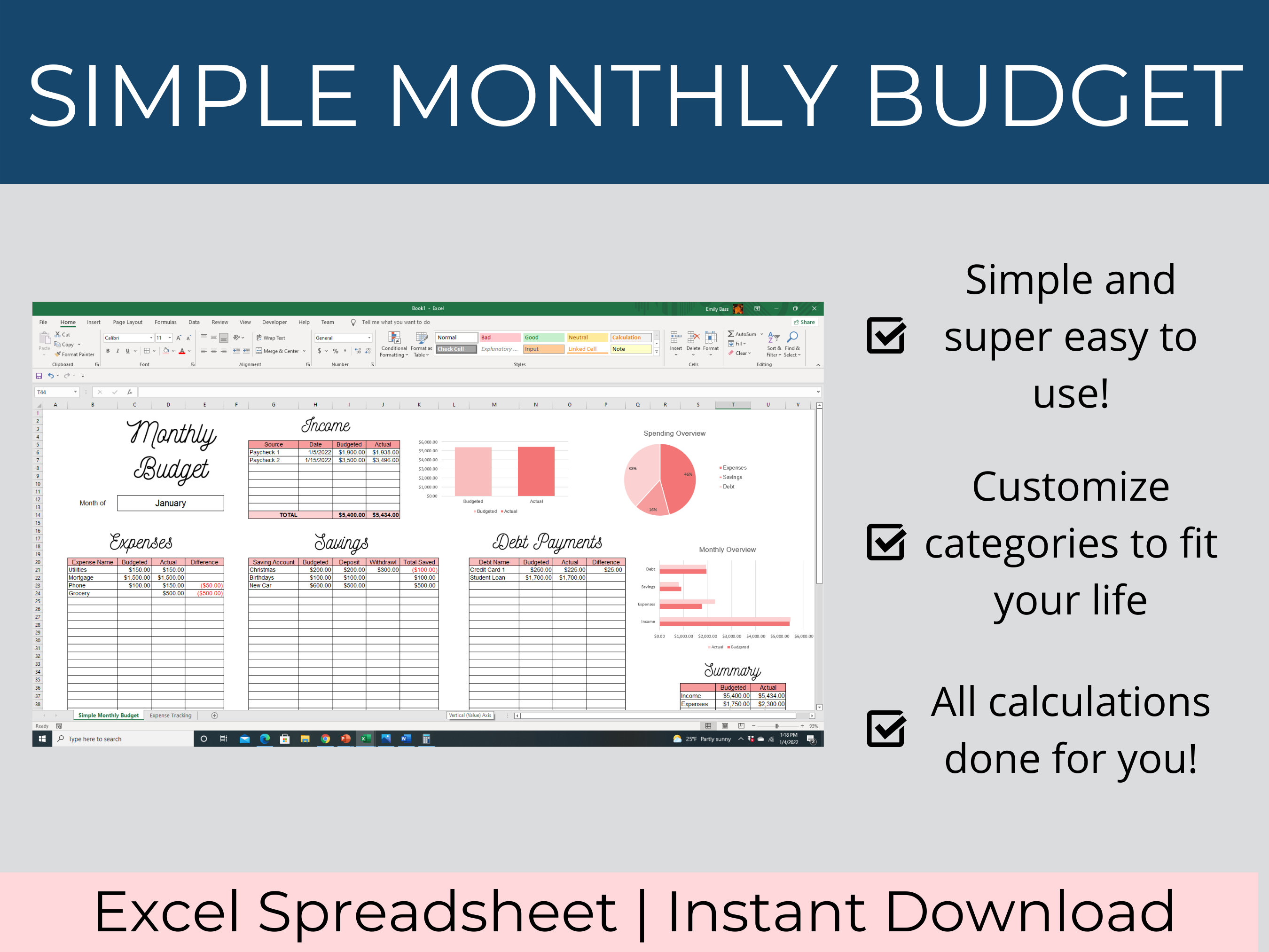 Monthly Budget Spreadsheet - Excel Budget Template - Etsy
