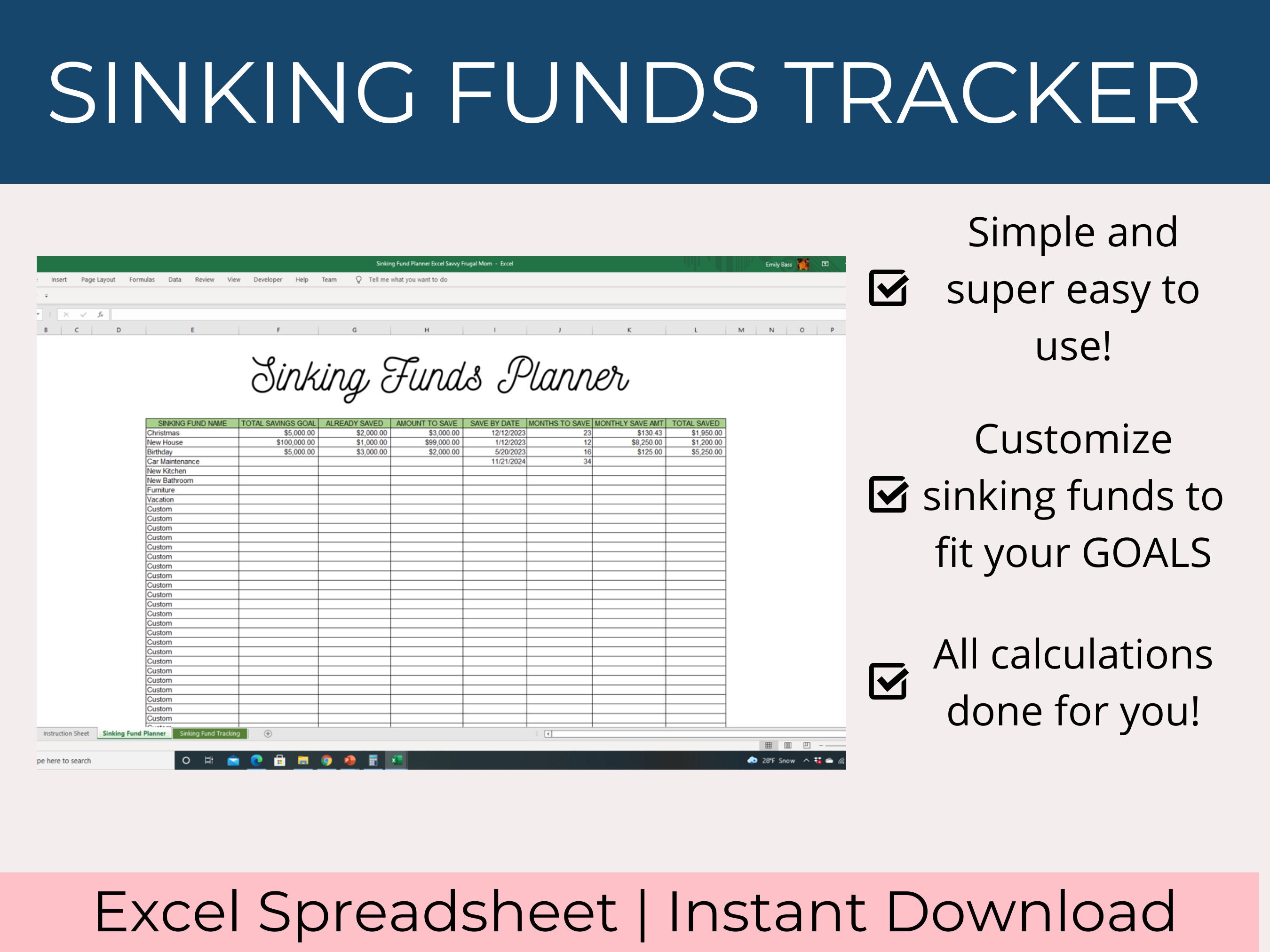 Sinking Fund Tracker - Savings Tracker Excel - Sinking Funds Excel ...