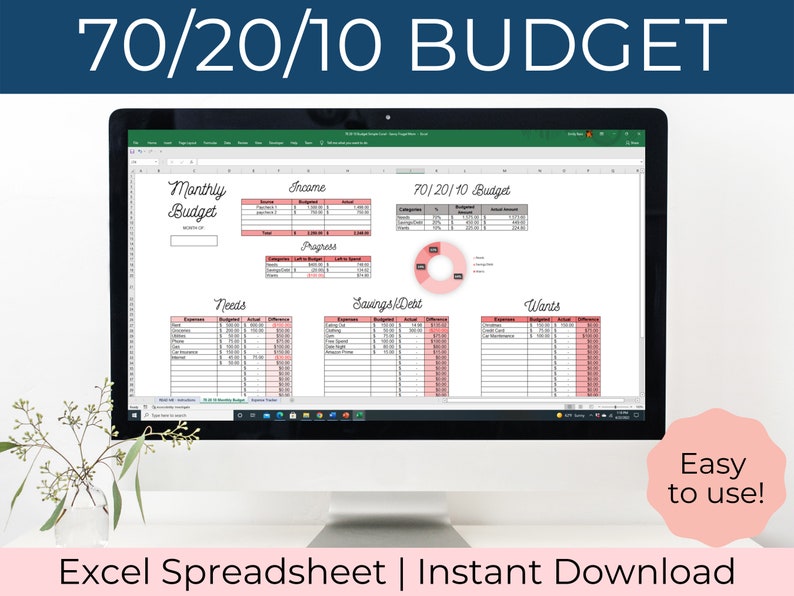 70 20 10 Budget Tracker Excel Spreadsheet Monthly Budget Etsy