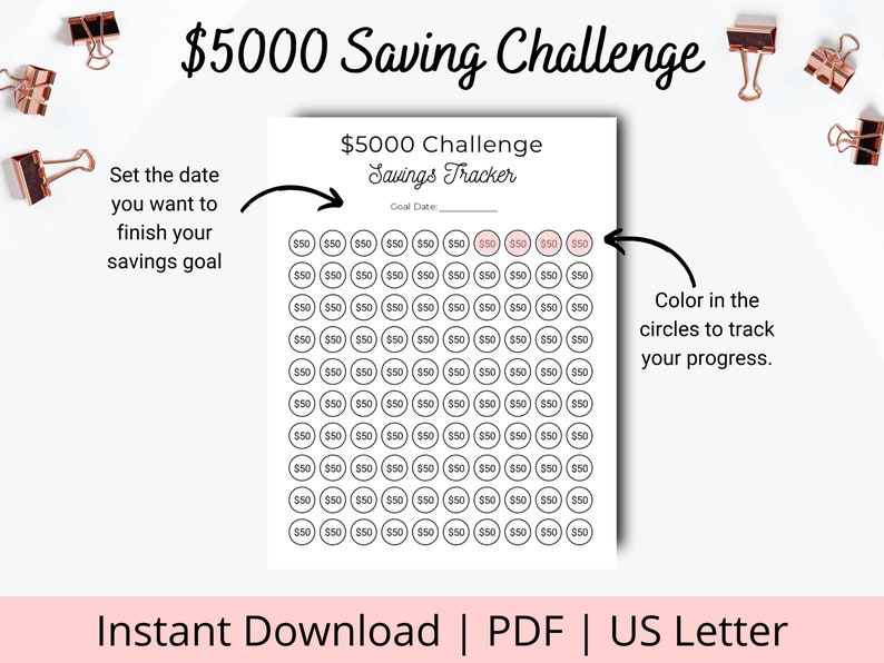 5k Savings Challenge - 5000 Money Challenge - 5k Money Savings Tracker ...