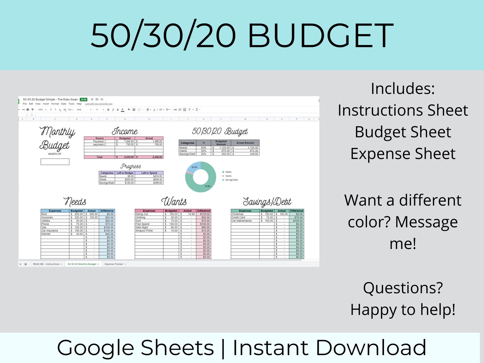 50 30 20 Budget, Google Sheets Budget Template, Monthly Budget Google ...