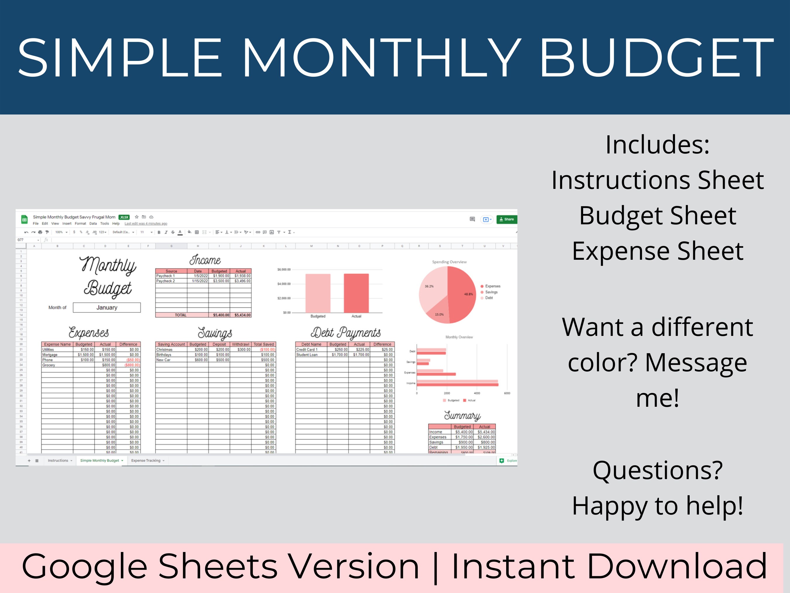 Google Sheets Monthly Budget - Easy Monthly Budget Planner - Monthly ...