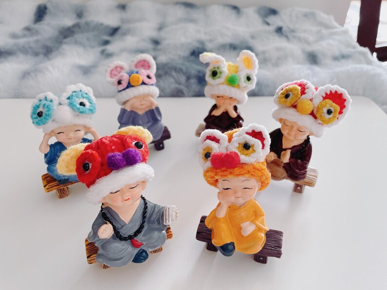 Little Monk Statue, Lion Dance Head Little Monk, Loom Knitted Lion Hat ...