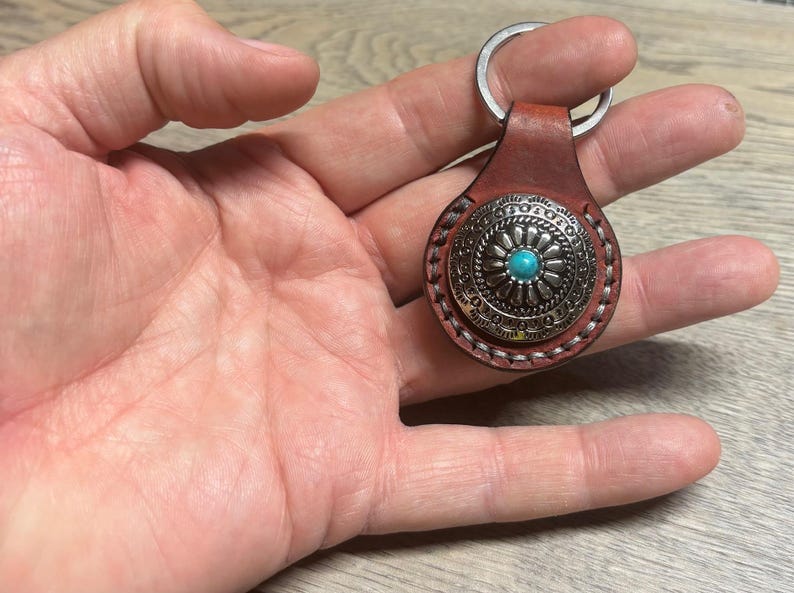 Hand Stitched Horween Leather Key Fob - Turquoise Silver Concho - Etsy
