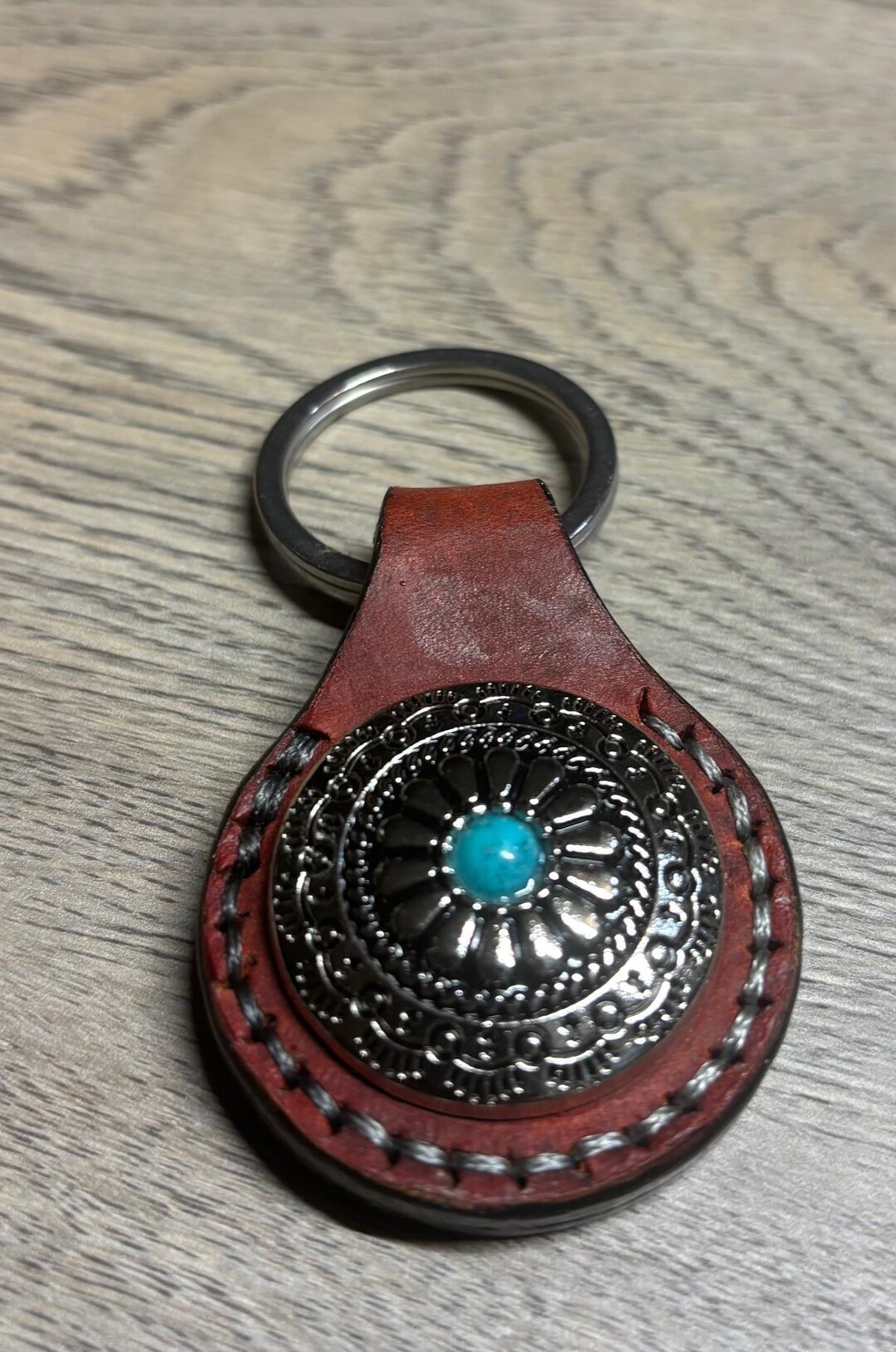 Hand Stitched Horween Leather Key Fob - Turquoise Silver Concho - Etsy