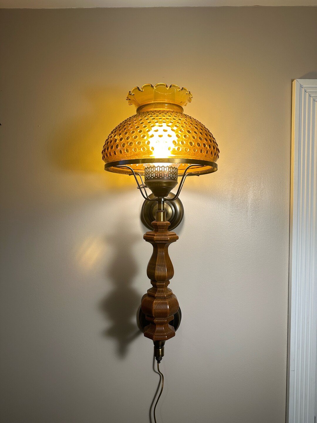 Vintage Hurricane Lamp-scone Lamp-amber Glass-wooden Wall Lamp-mid ...