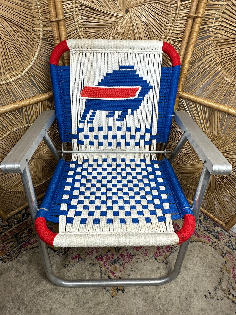 Vintage Buffalo Bills Macrame Lawn Chair, Handmade Aluminum Folding ...