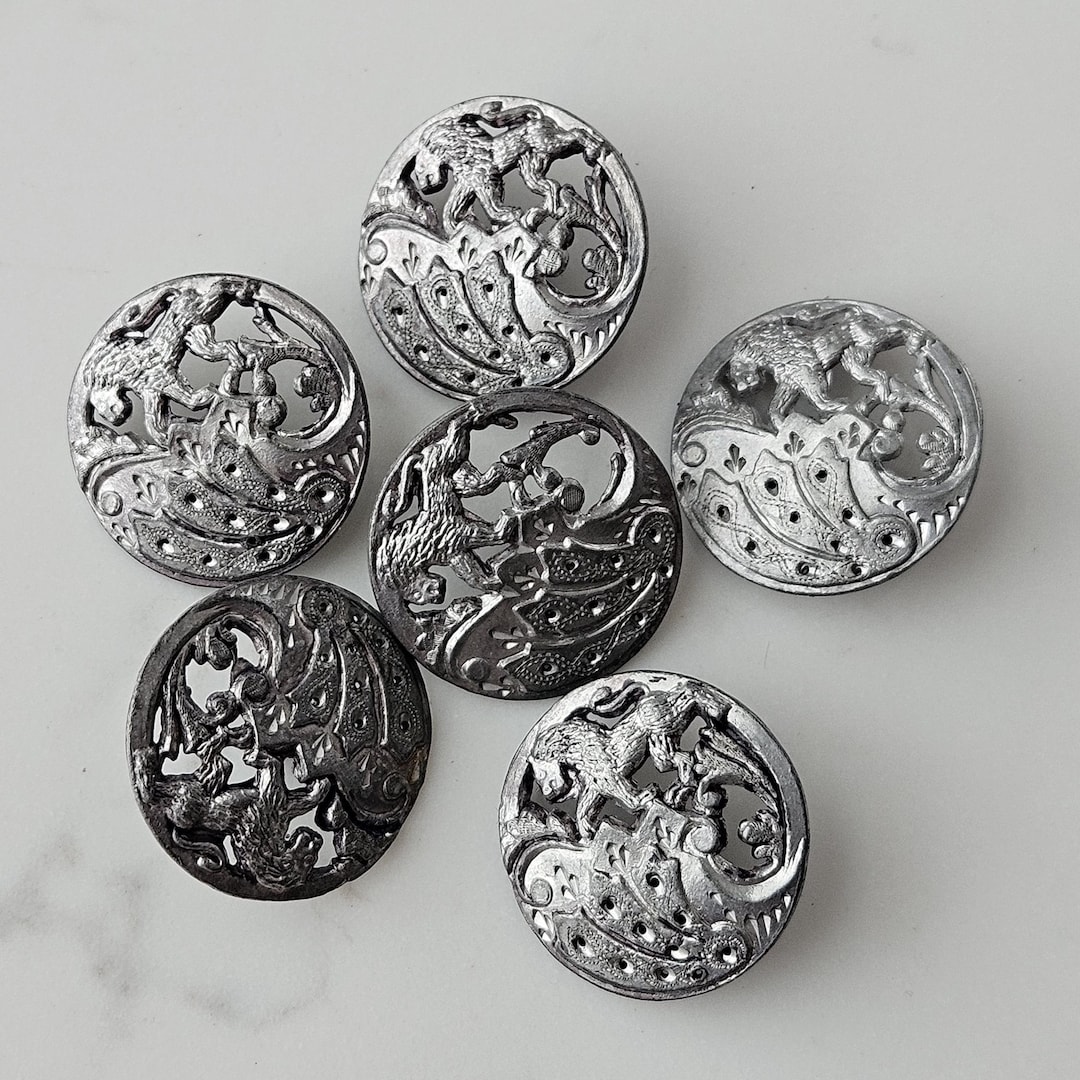 Antique Lion Buttons Lot of 6 Victorian Buttons Metal Pierced Buttons ...