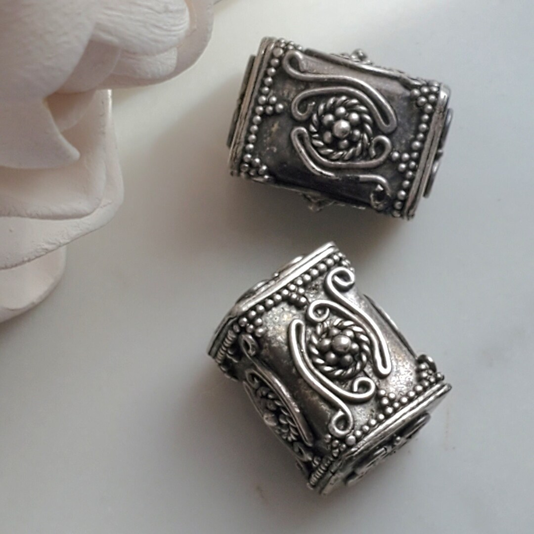 Bali Silver Beads Rectangle Lot of 2 Sterling Silver Beads for Jewelry ...