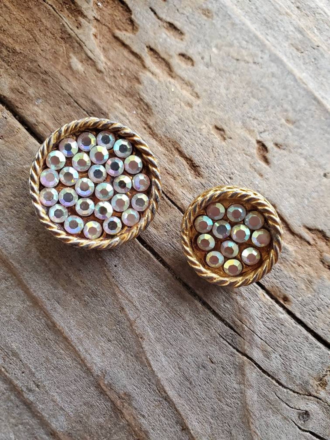 2 Vintage Rhinestone Buttons, Aurora Borealis Rhinestone Buttons, Gold ...