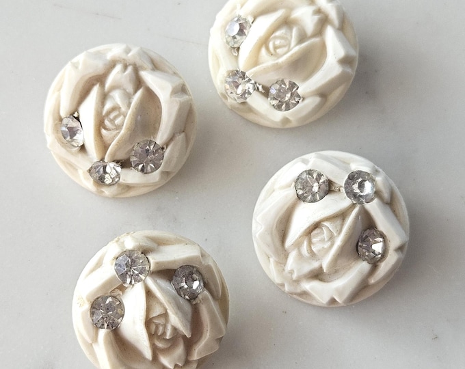 Vintage Plastic Flower Buttons With Rhinestones Realistic Rose Buttons ...