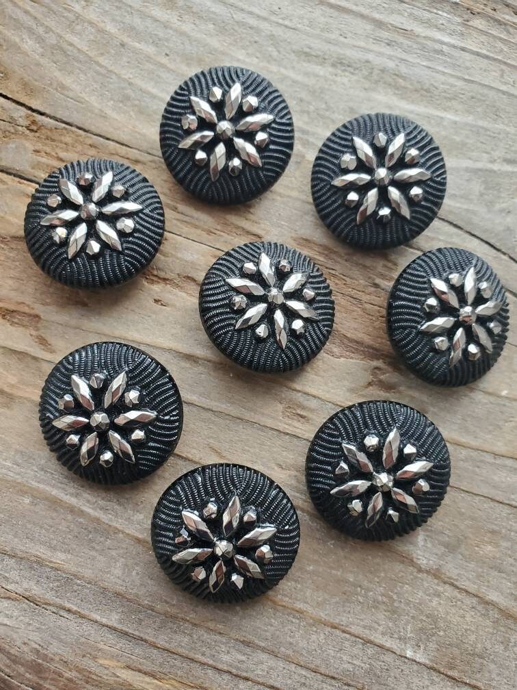 Vintage Black Glass Buttons, Lot of 8, Imitation Cut Steel, Coat ...