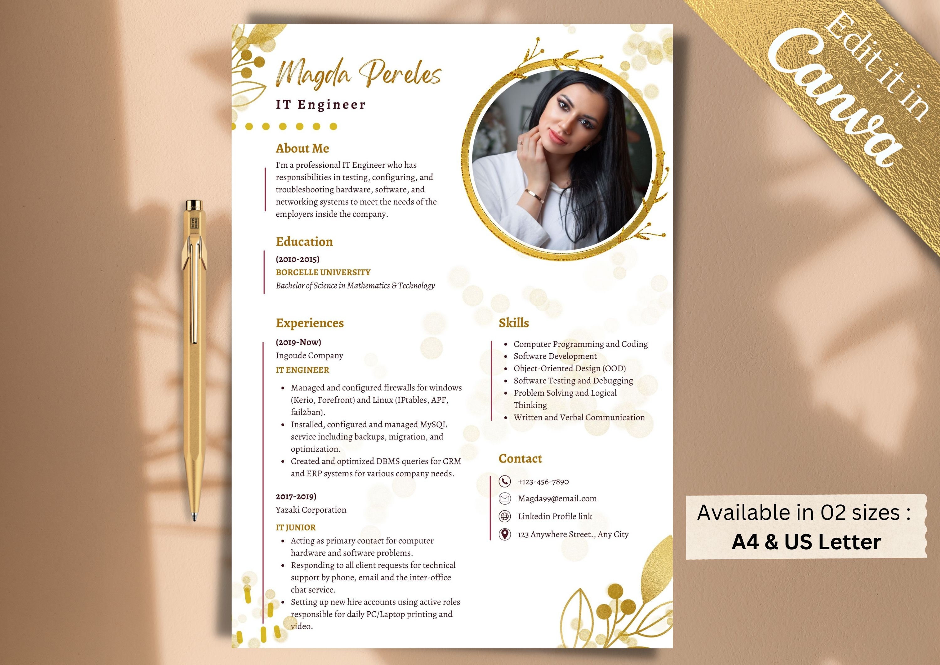 Elegant Gold Resume Template Editable in Canva, CV Template, Modern ...