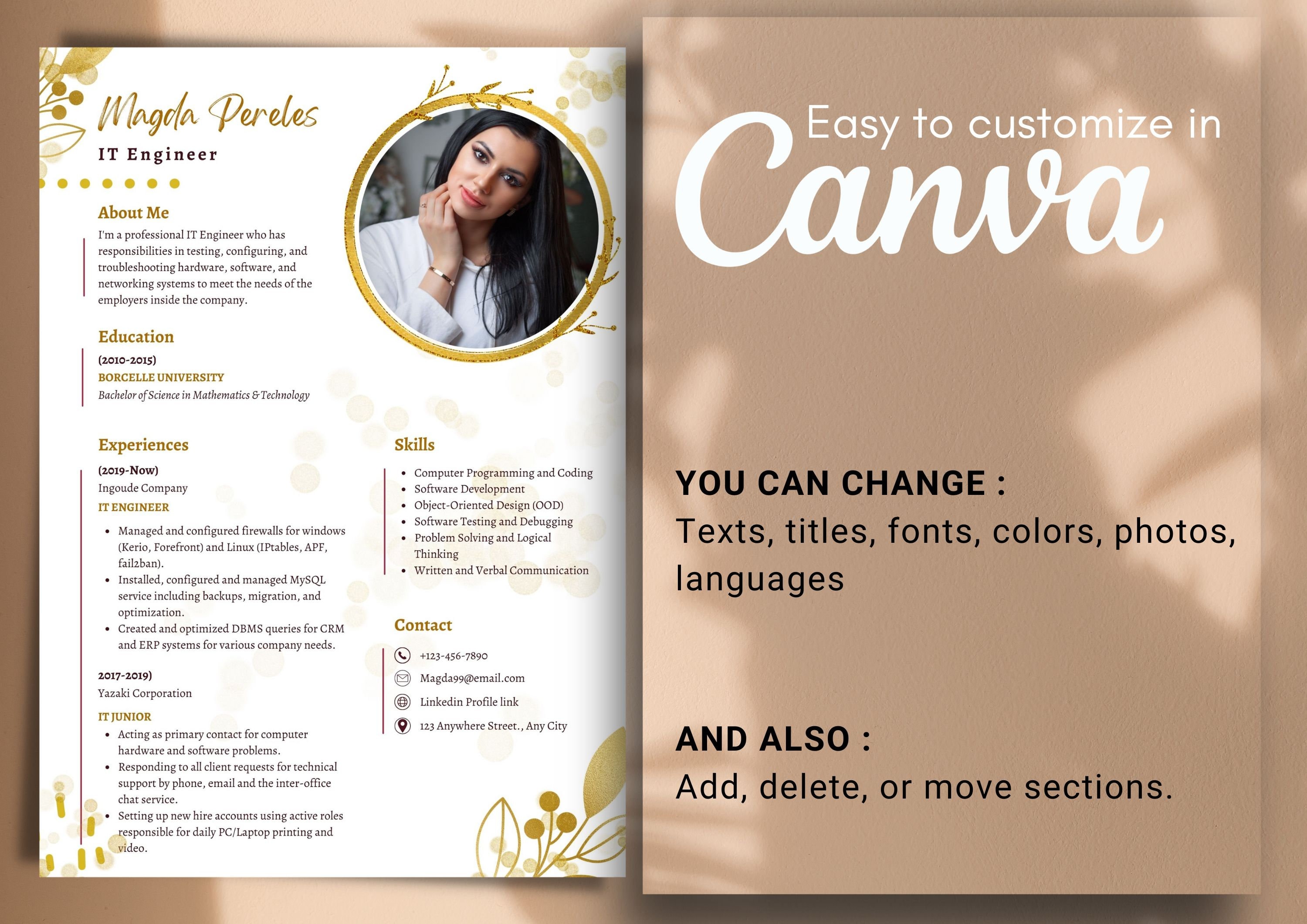 Elegant Gold Resume Template Editable in Canva, CV Template, Modern ...