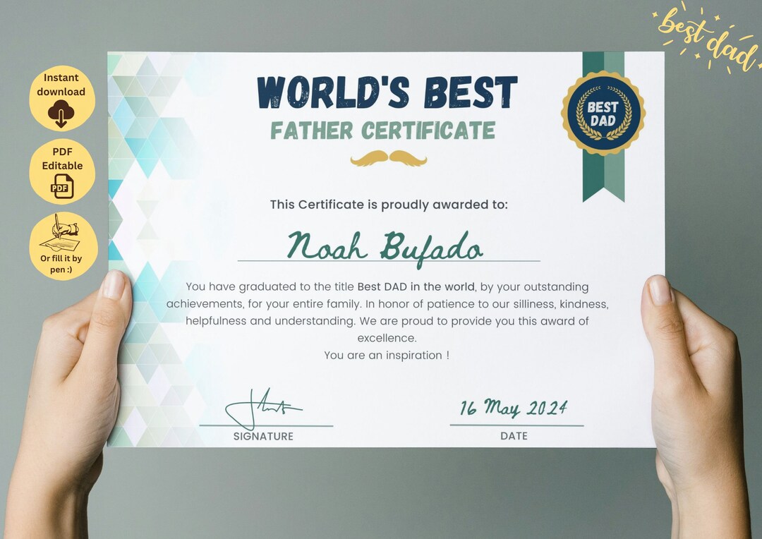 Best Father's Day Certification, Dad Birthday, Editable and Printable ...