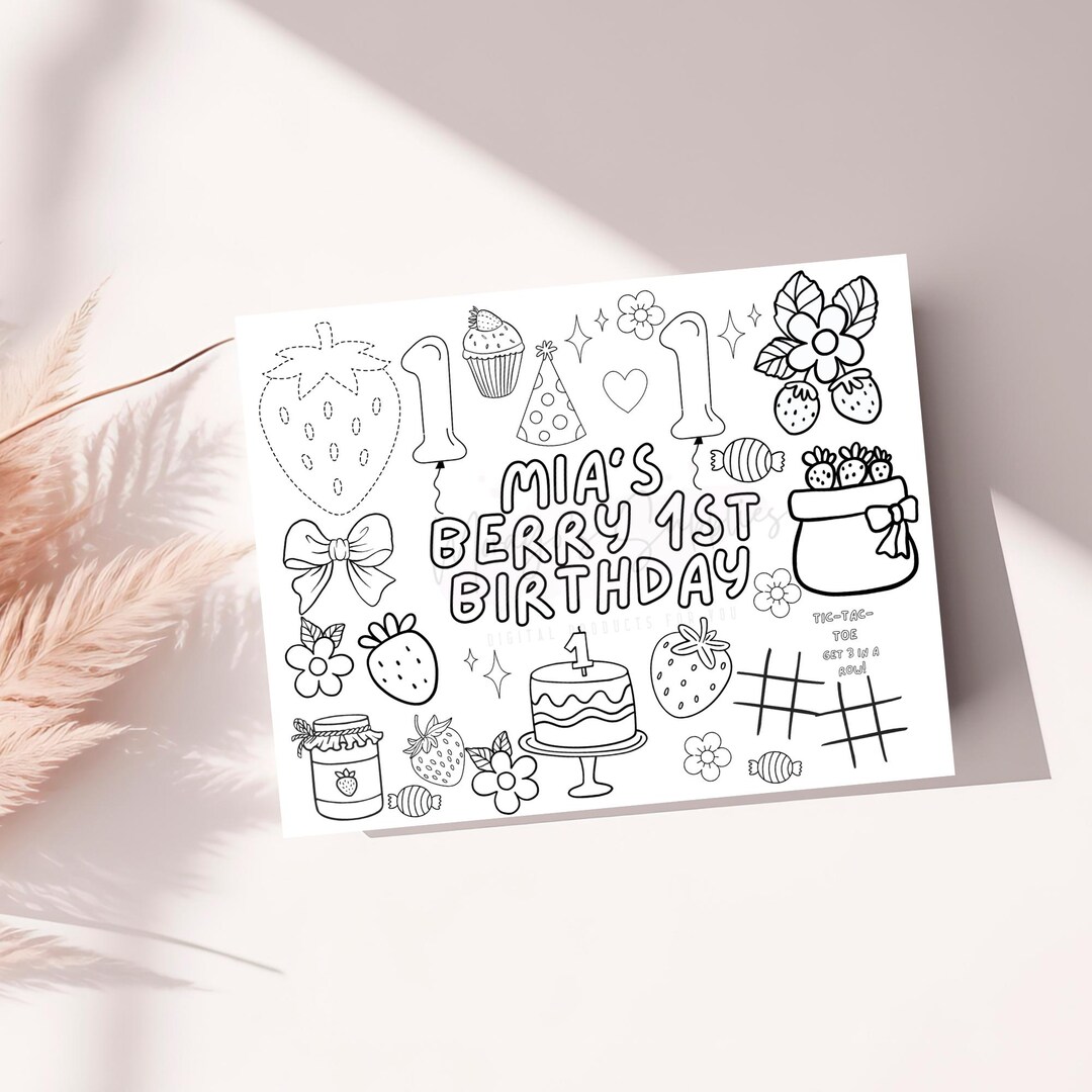 Berry 1st Birthday Coloring Sheet Activity Placemat Sheet Strawberry ...
